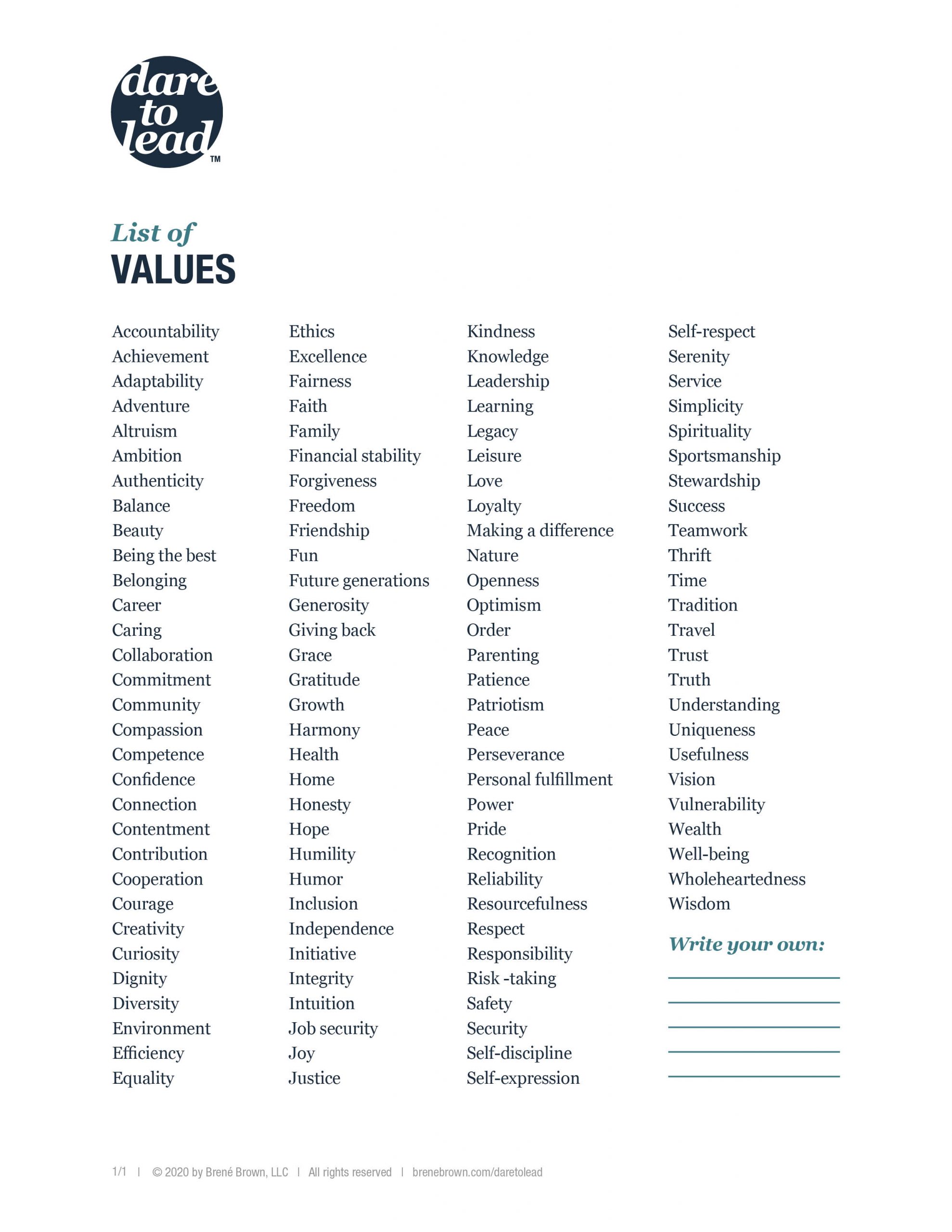 Dare To Lead List Of Values Bren Brown