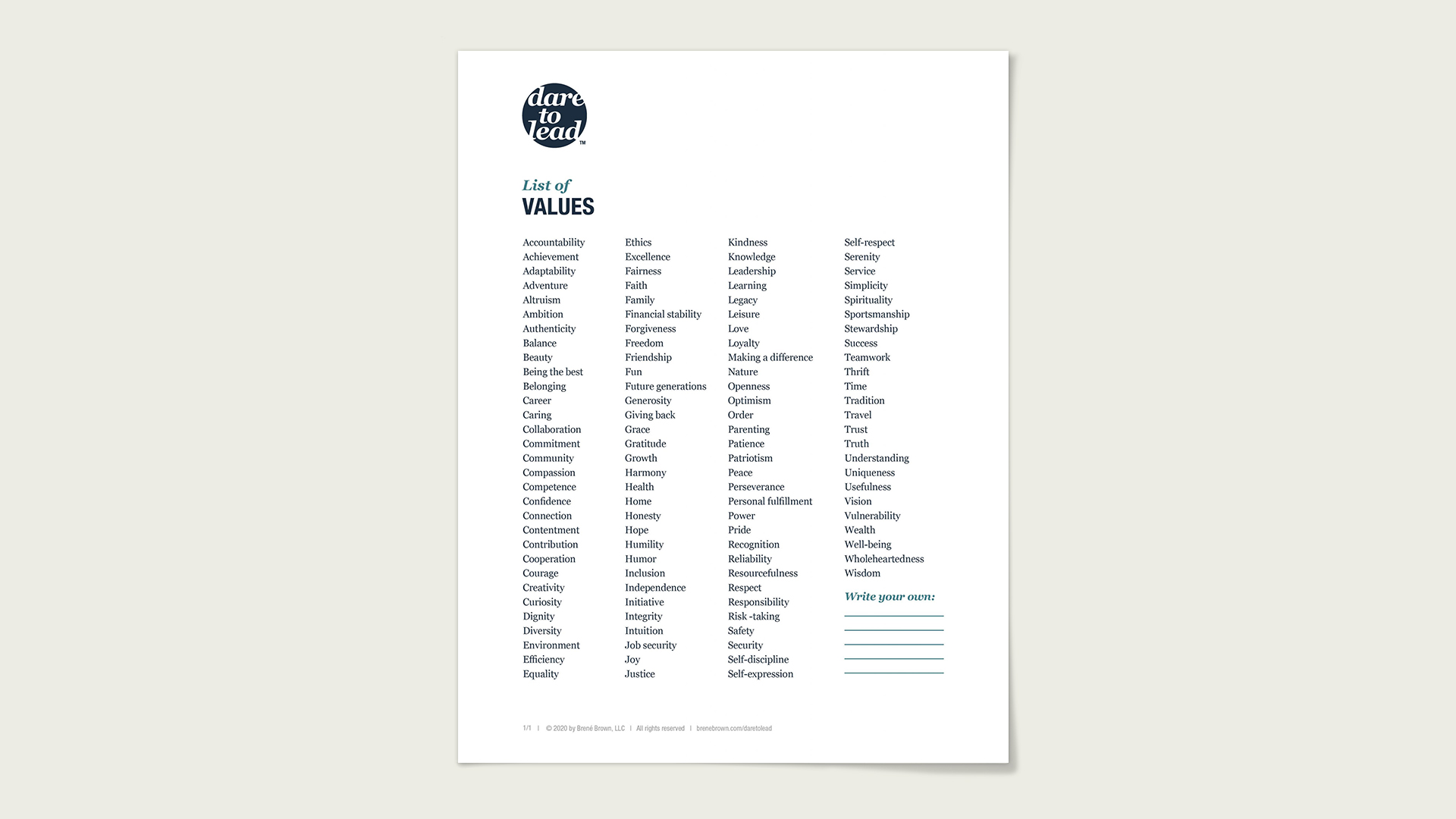 Dare To Lead List Of Values Bren Brown
