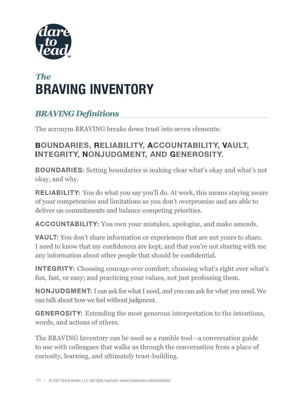 Dare To Lead The BRAVING Inventory Bren Brown
